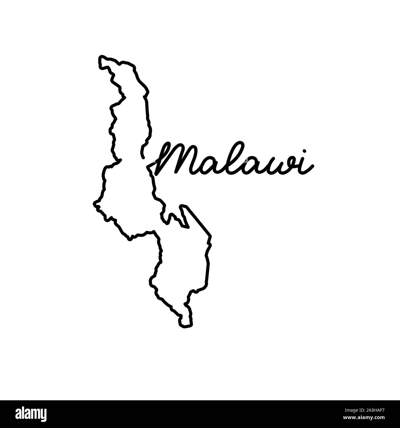 Malawi outline map with the handwritten country name. Continuous line ...