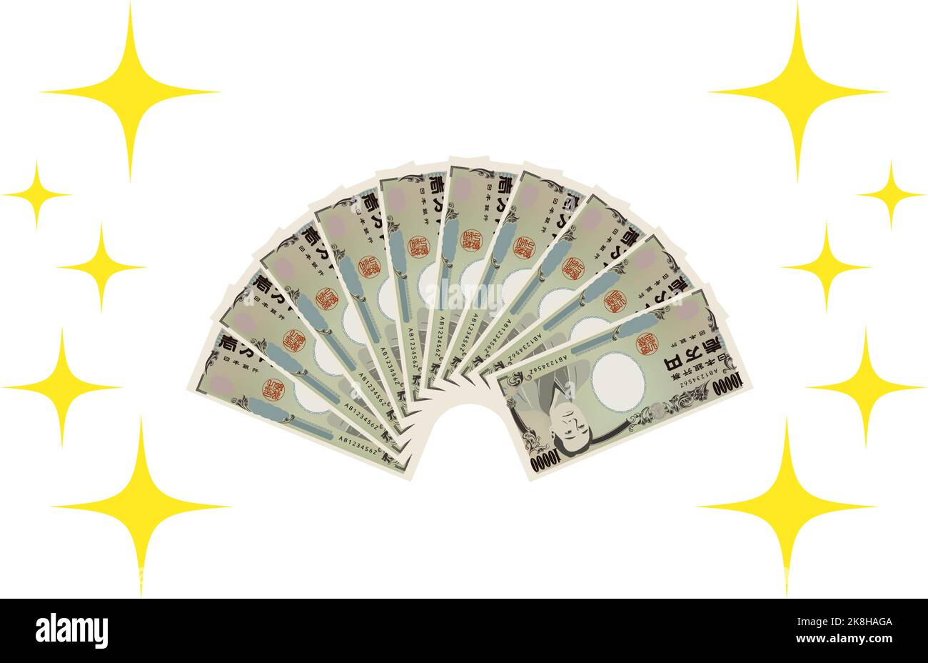 Illustration of 100,000 yen spread in a fan shape Translation: Bank of ...