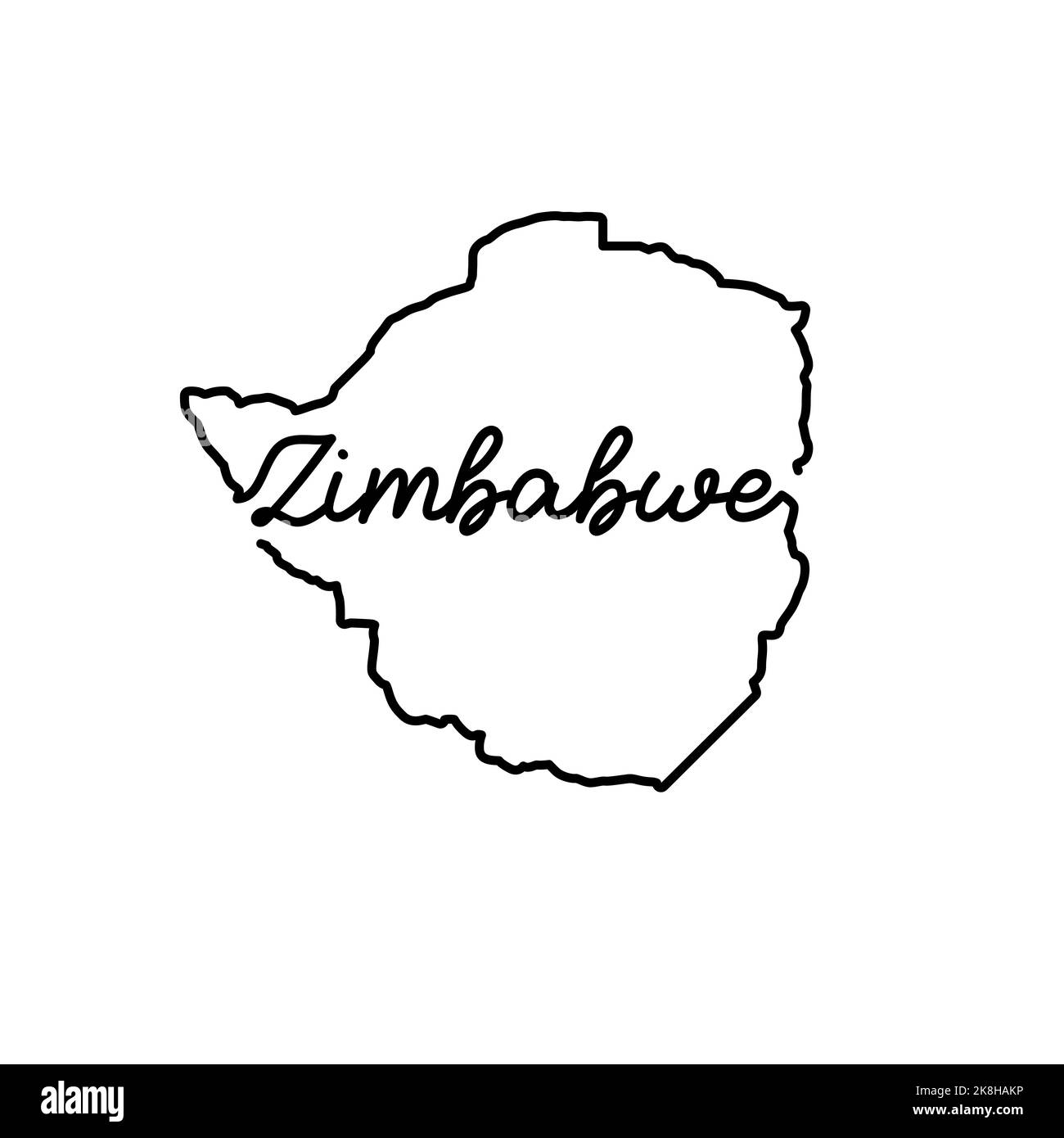 Zimbabwe outline map with the handwritten country name. Continuous line ...
