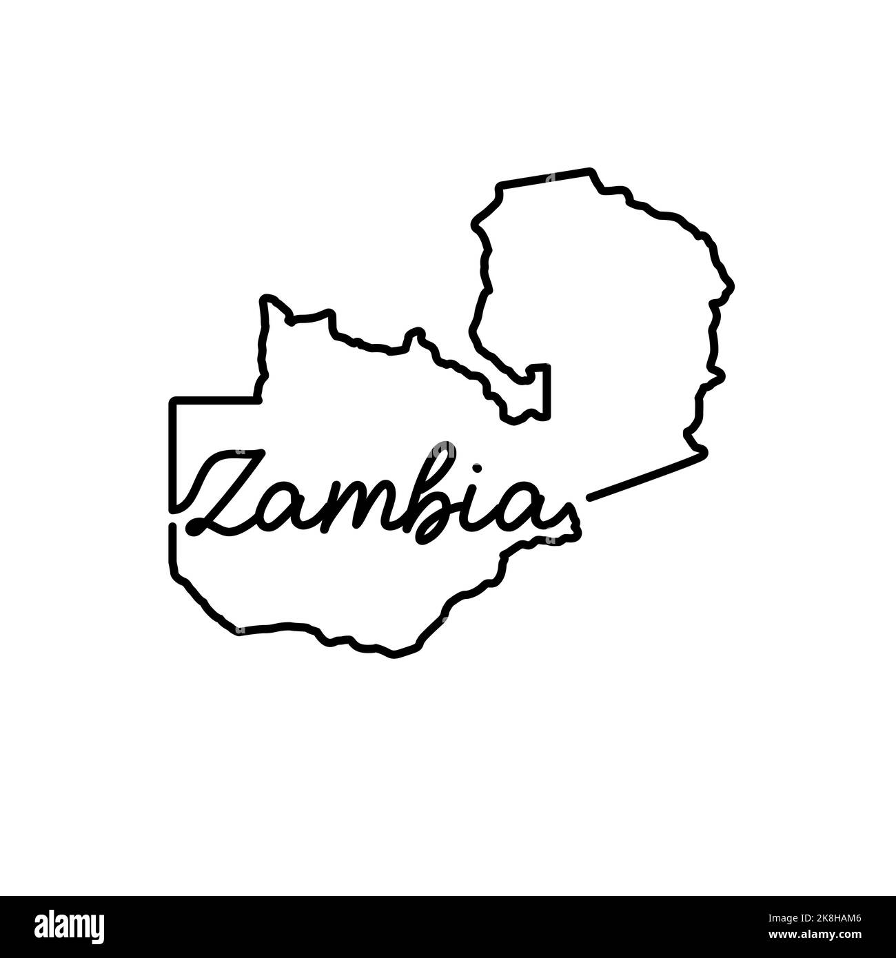 Zambia outline map with the handwritten country name. Continuous line ...