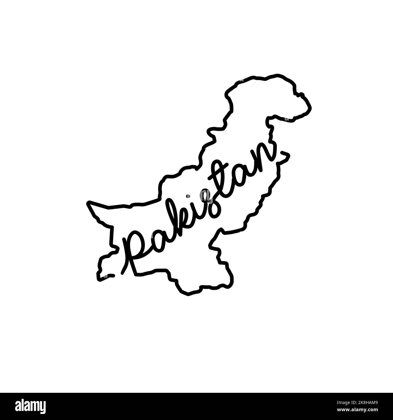 Pakistan outline map with the handwritten country name. Continuous line ...