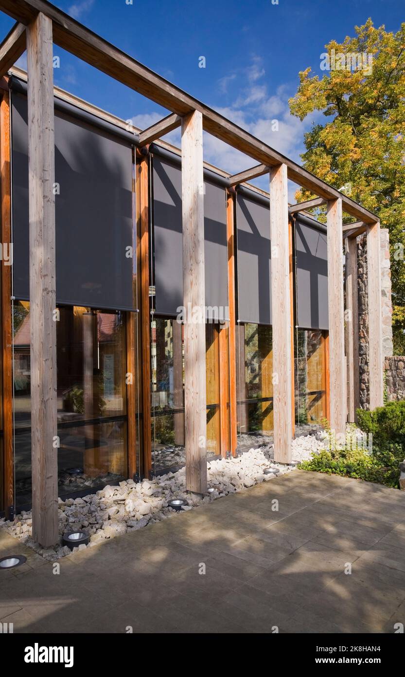 Modern glass, wood and stone information center pavilion at the ...