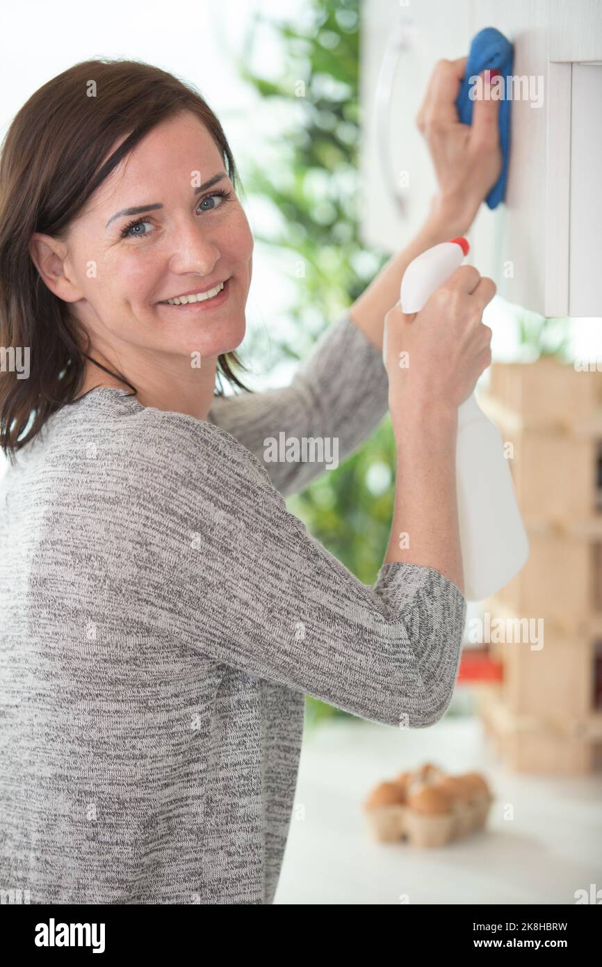 woman cleaning shelf with rag and detergent spray bottle Stock Photo ...
