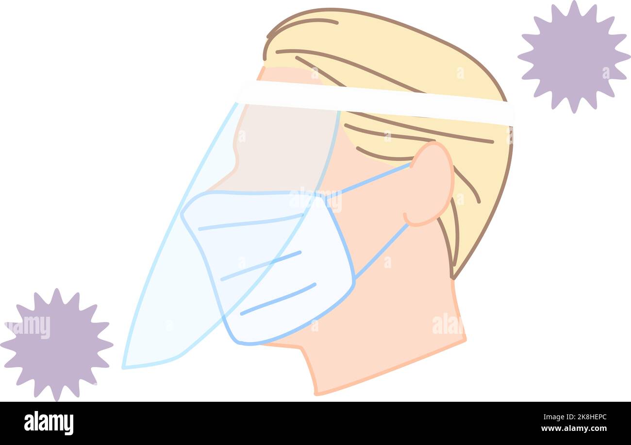 Illustration of a person wearing a mask and face shield surrounded by ...