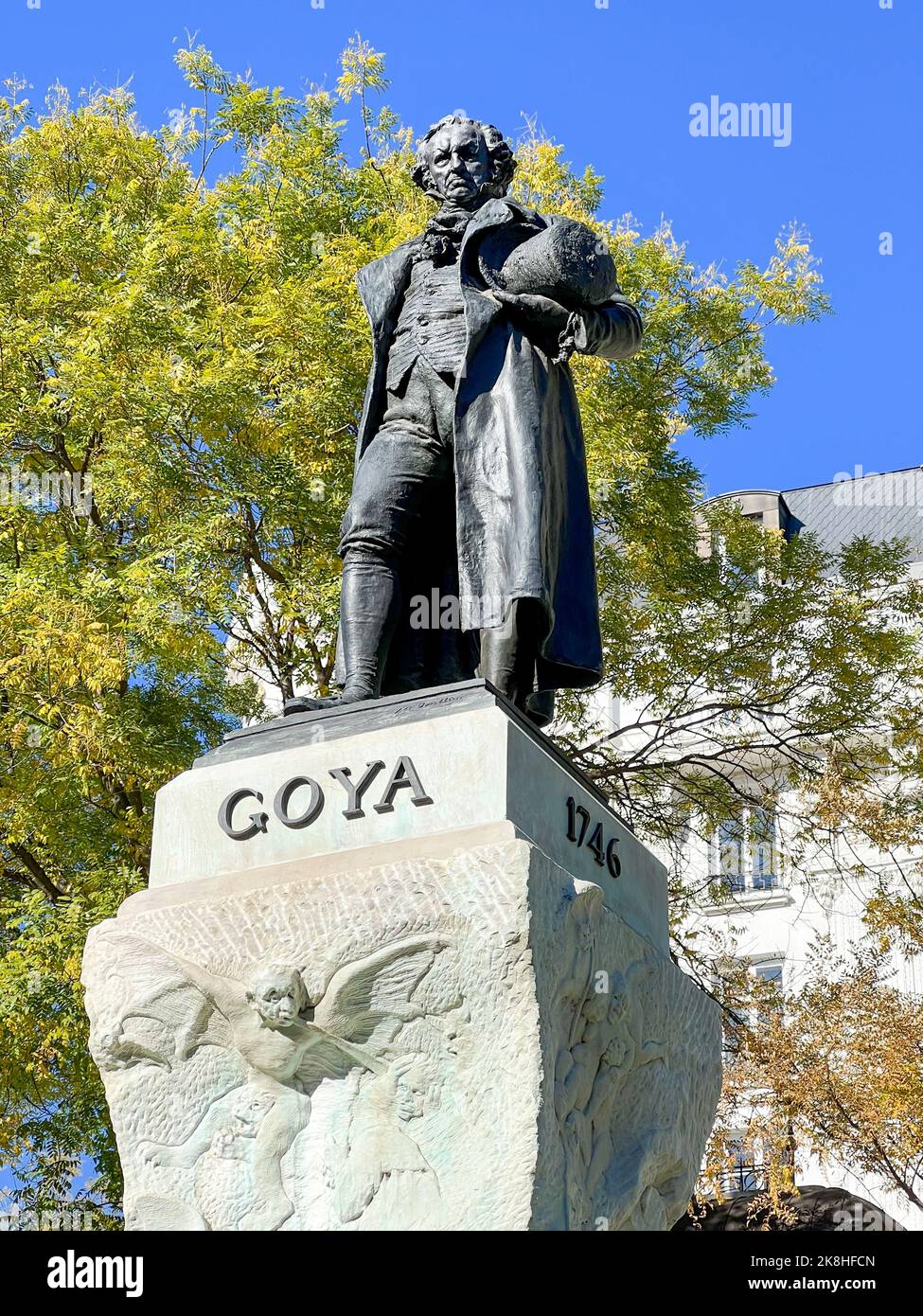 Statue to famous painter Goya (1746) outside the entrance to the Prado ...