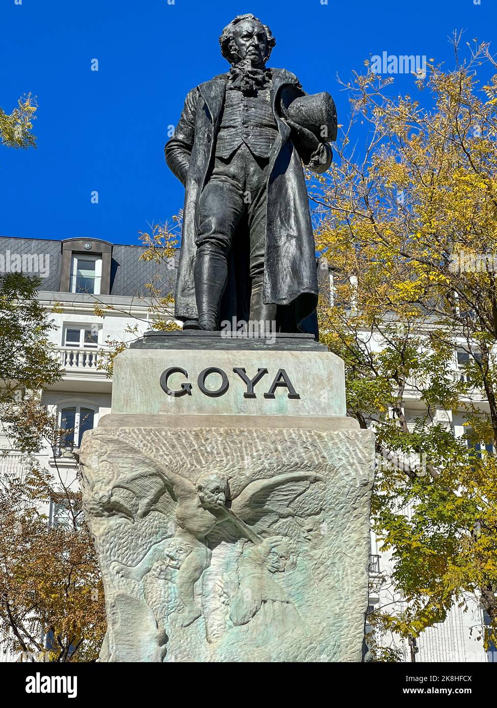 Statue to famous painter Goya (1746) outside the entrance to the Prado ...