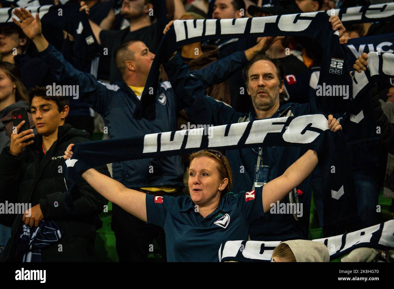 Melbourne, Australia. 22, October, 2022. Melbourne Victory fans raise ...