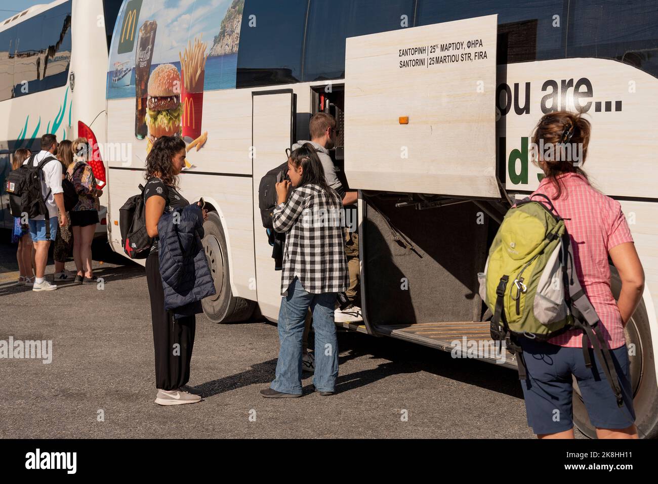 Fira, Santorini, Greece. 2022. Local bus station in Fira, Santorini ...