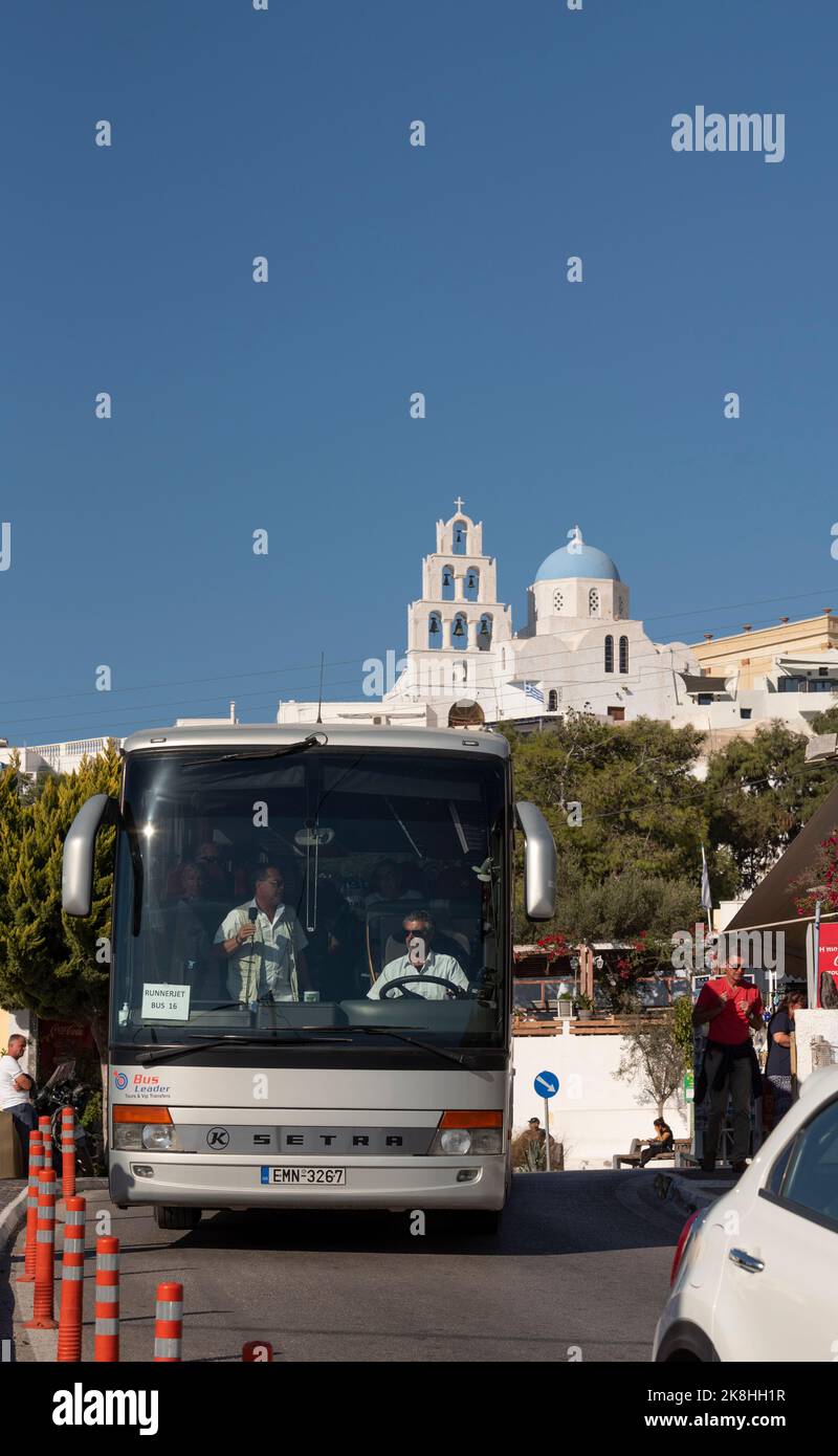 Pyrgos Kallistis, Santorini, Greece. 2022. Tourist bus driving through ...
