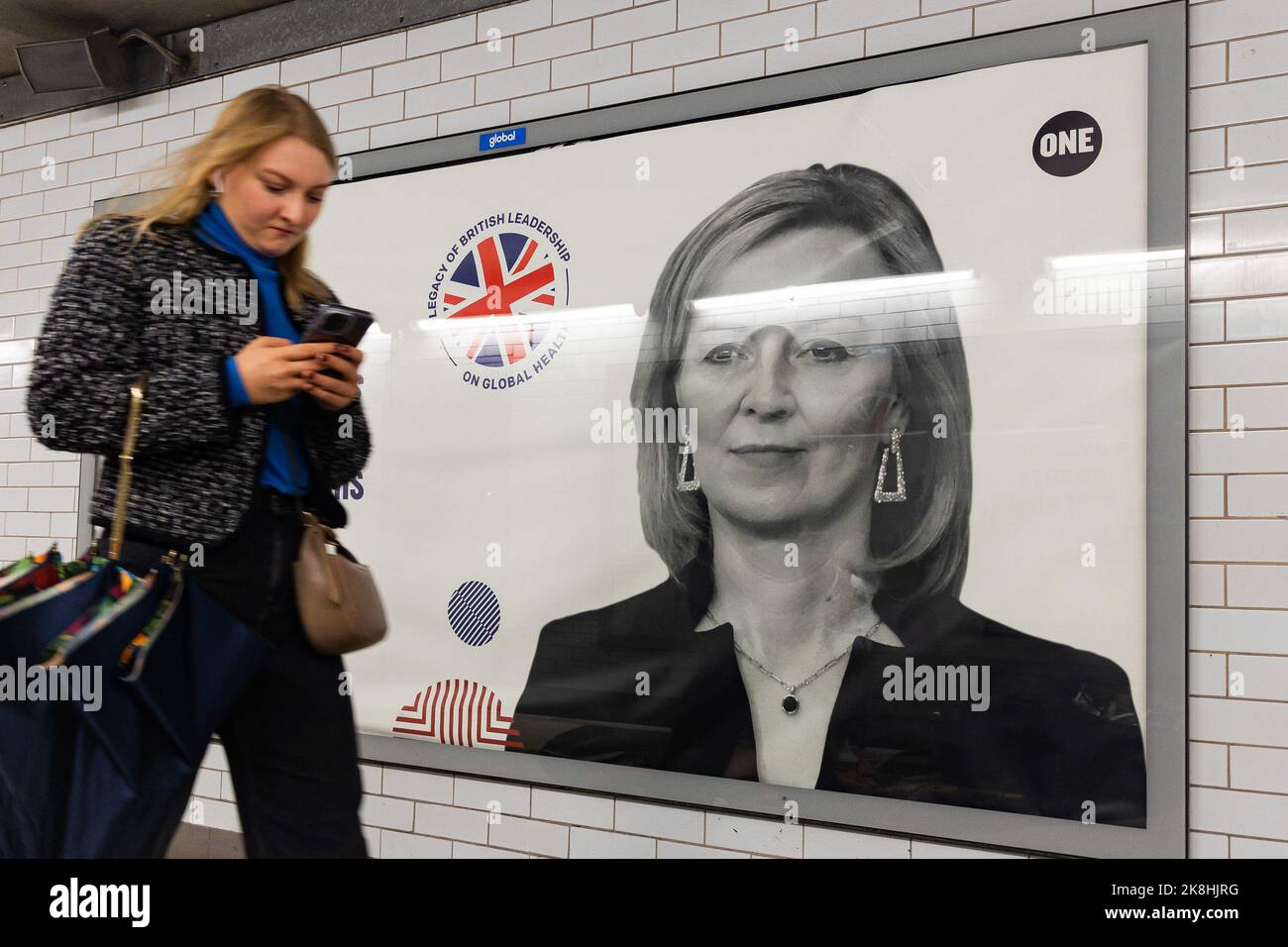 London, UK. 23rd Oct, 2022. An advert features Prime Minister Liz Truss ...