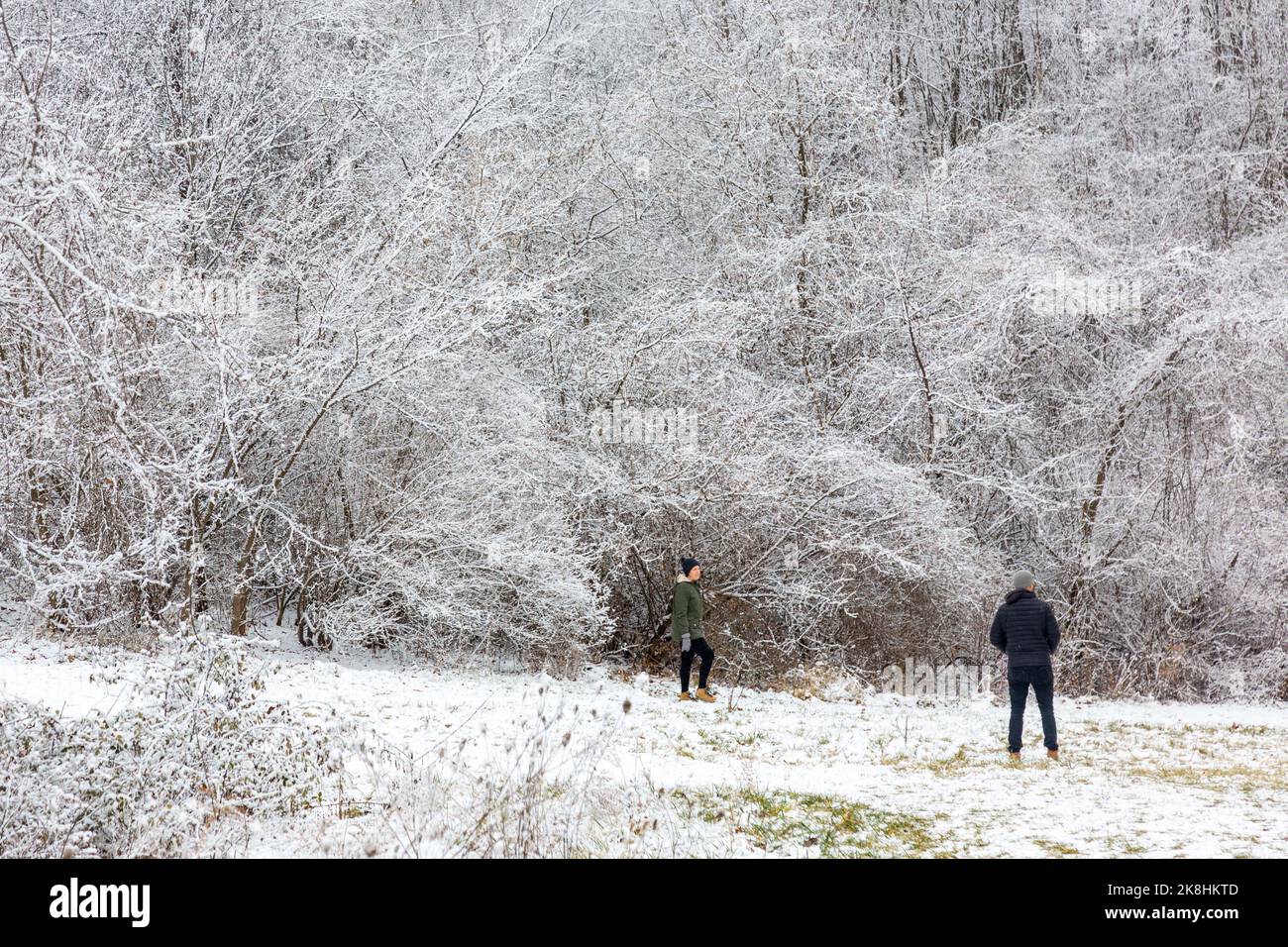 Two people explore the wintry Metea County Park near Fort Wayne ...