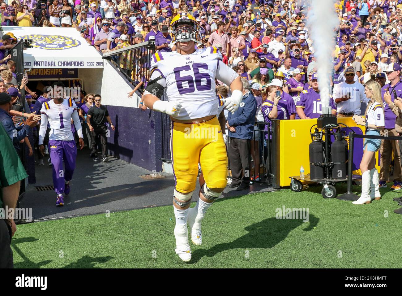 Baton Rouge, LA, USA. 22nd Oct, 2022. LSU's Will Campbell (66) runs out ...