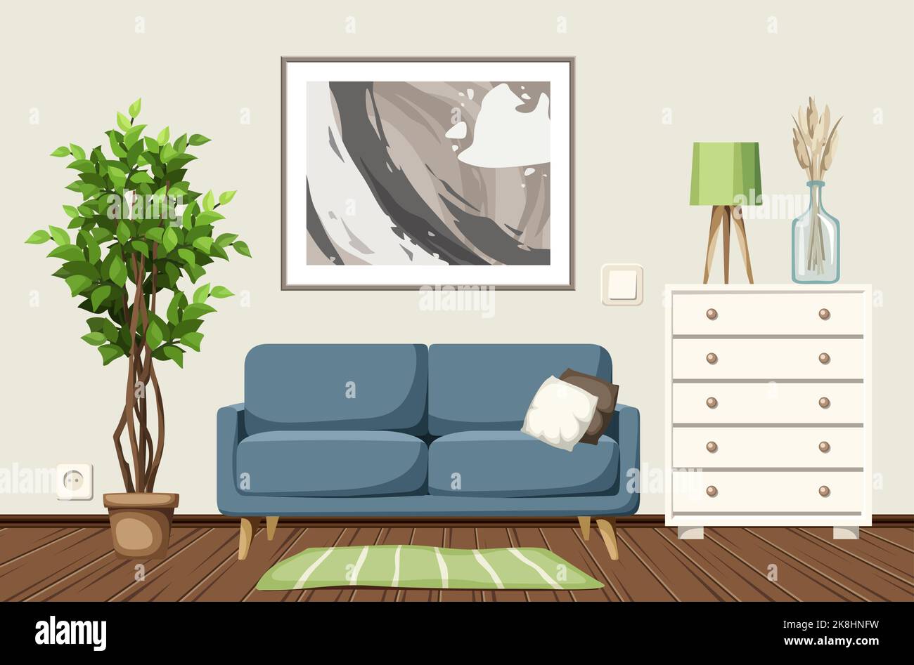 Living room interior design with a blue sofa, a ficus tree, and a big ...