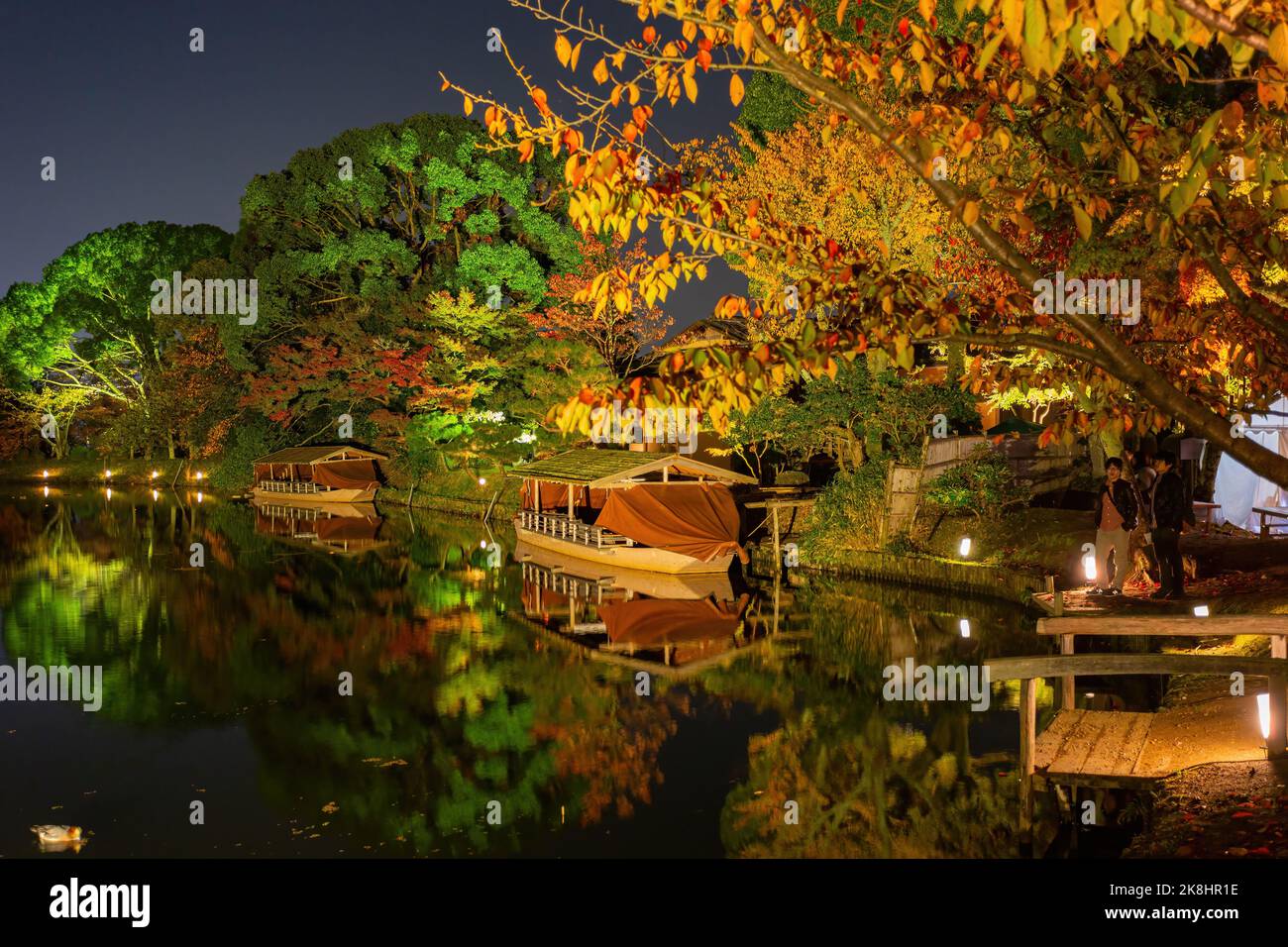 Night view of the fall color with reflection in Daikaku Ji at Tokyo ...