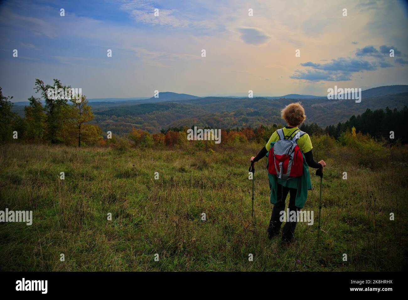 Rear view of mature woman hiking in nature Stock Photo - Alamy