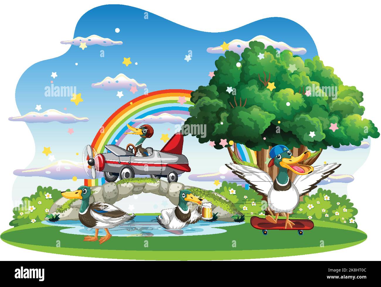 Happy duck group in nature scene illustration Stock Vector Image & Art ...