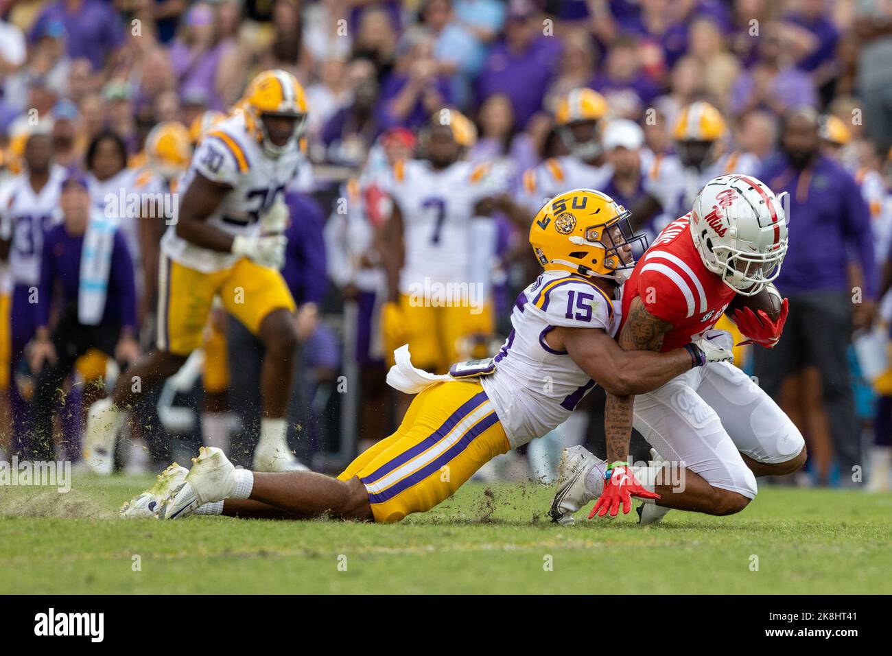 LSU Tigers safety Sage Ryan (15) makes the tackle on Ole Miss Rebels ...