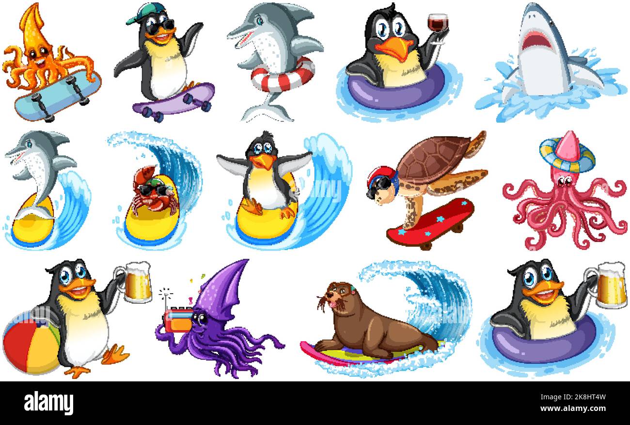 Set of various sea animals cartoon characters illustration Stock Vector ...
