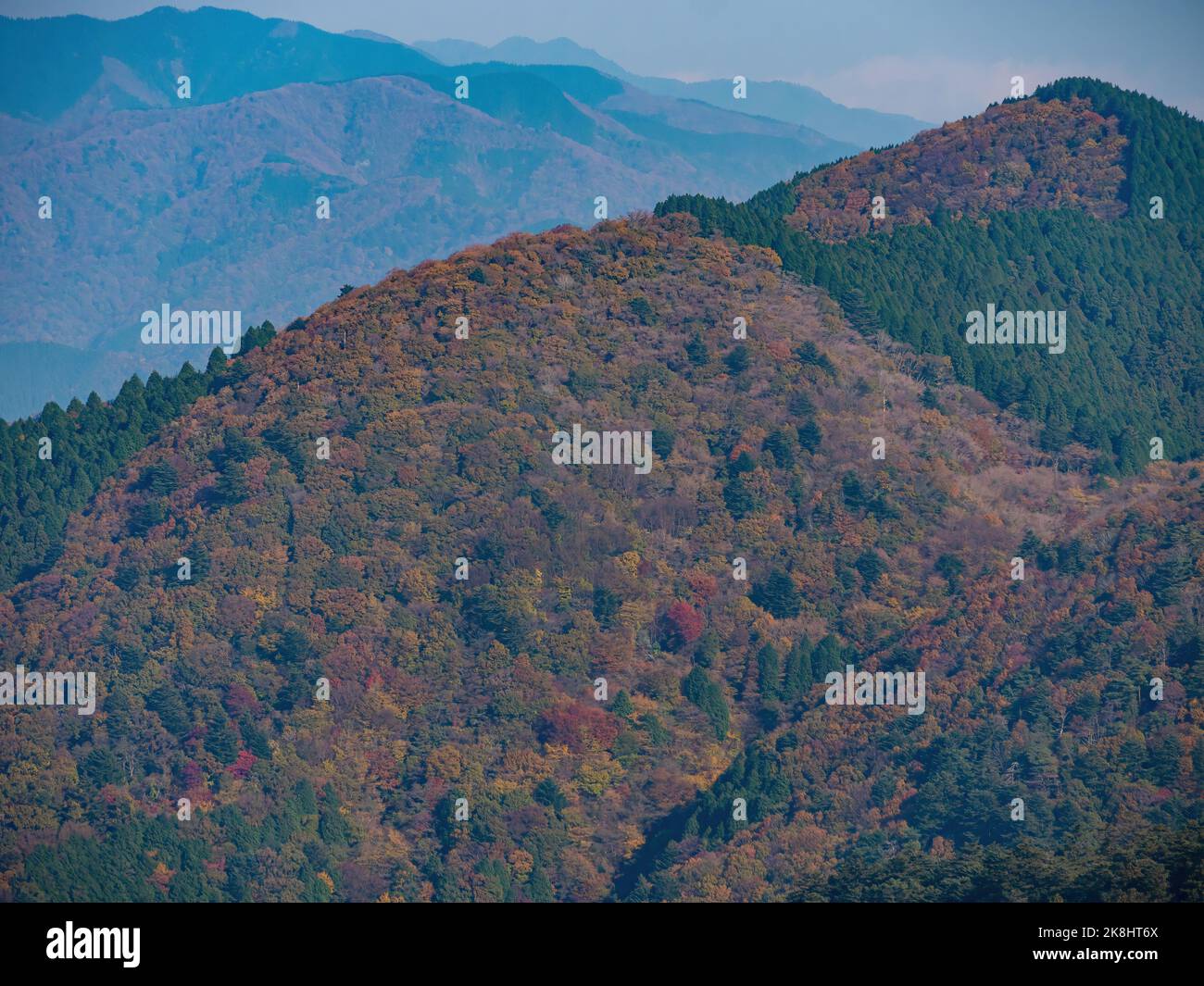 Aerial view of the beautiful fall color around Mount Hiei at Kyoto ...
