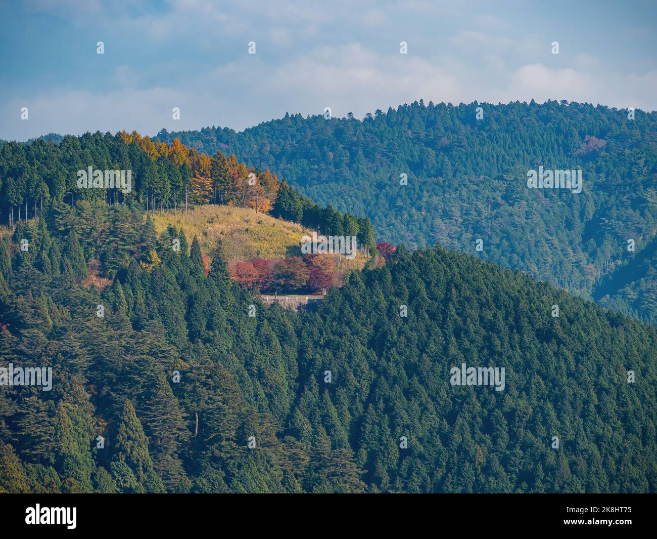 Aerial view of the beautiful fall color around Mount Hiei at Kyoto ...