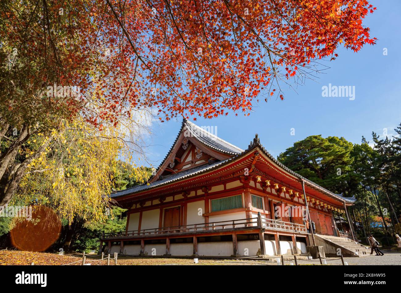 Sunny view of the beautiful fall color of Kondo, Daigoji Temple at ...