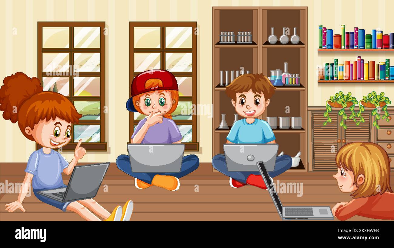 Children using technology devices at home illustration Stock Vector ...