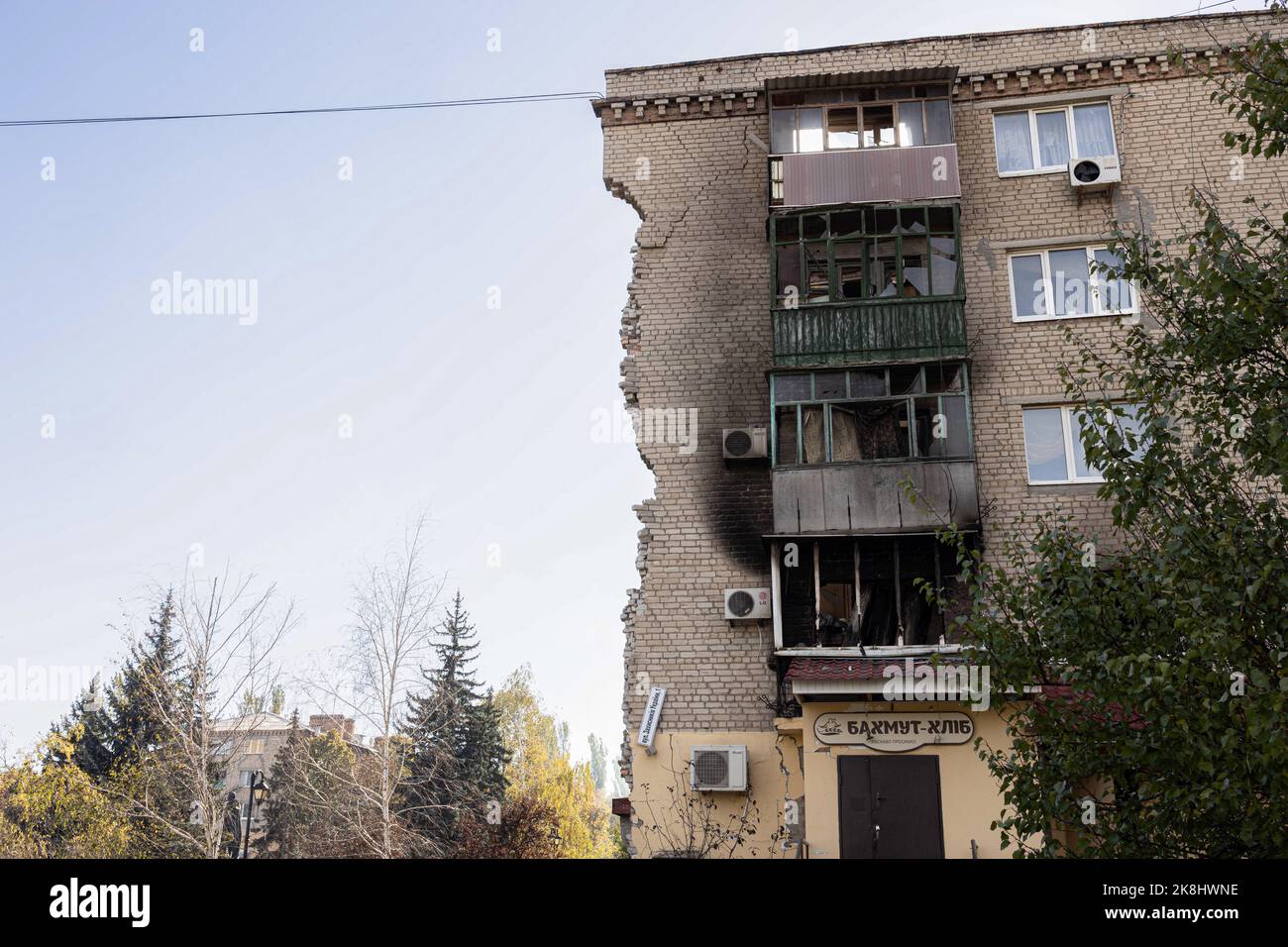 A destroyed residential building after a Russian shelling in the city ...
