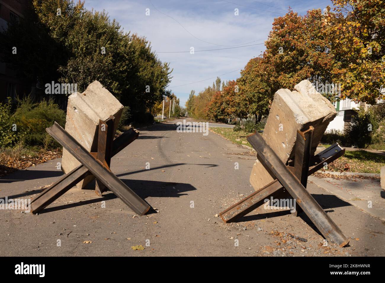 The anti-tank street barricades seen in downtown Bakhmut. Bakhmut has ...