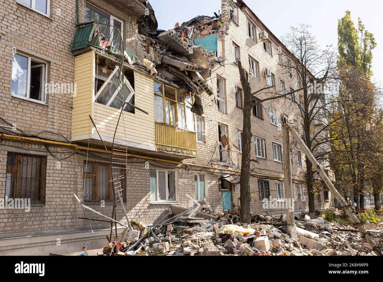 A destroyed residential building after a Russian shelling in the city ...