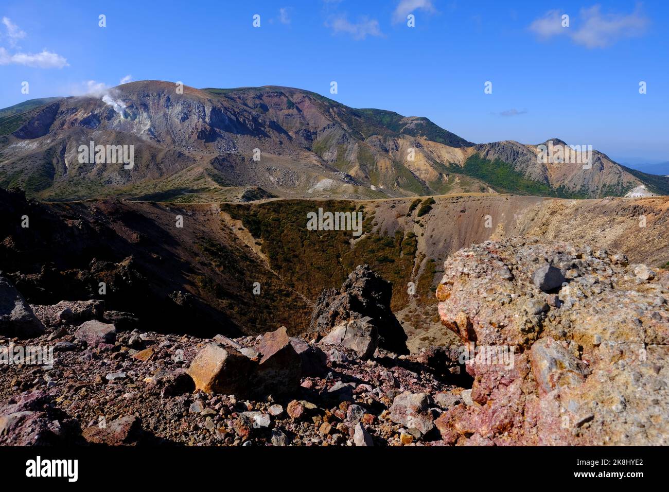Slopes inside the caldera at Mt. Azuma-Kofuji, an active volcano. Steam ...