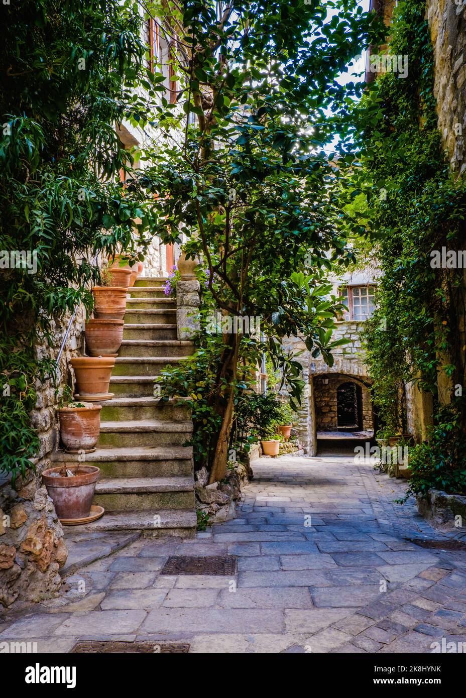 Narrow cobblestone street and stairs with lush plants in the village of ...