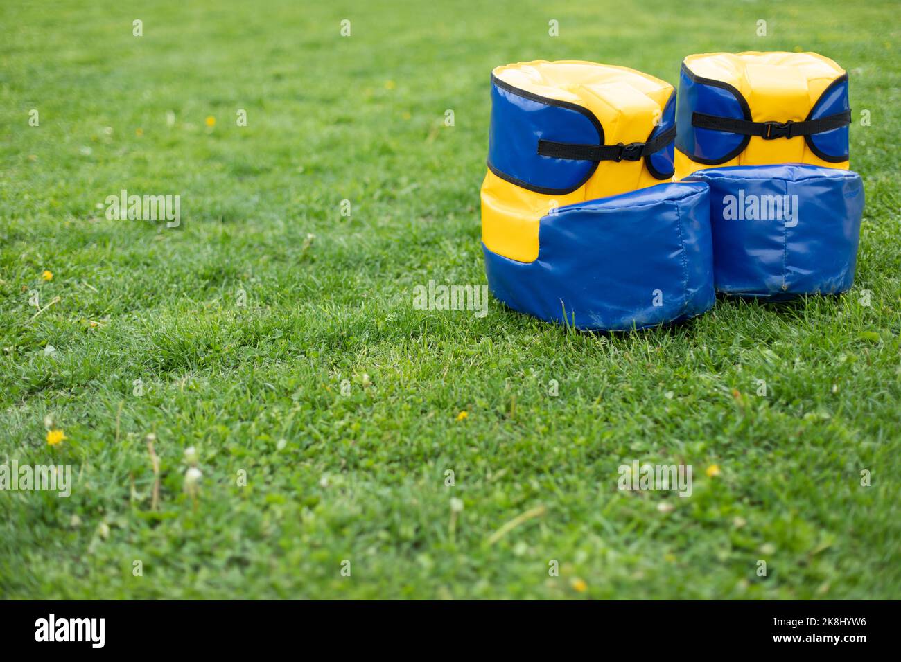 Funny shoes of blue color. Equipment for playing outdoors. It's ...