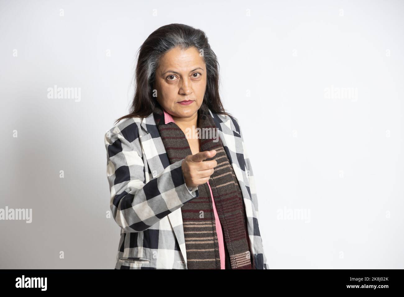 Angry indian senior businesswoman boss point finger in scolding way ...