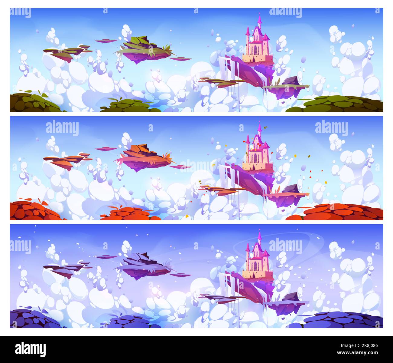 Pink magic castle on floating islands in sky with fluffy clouds ...