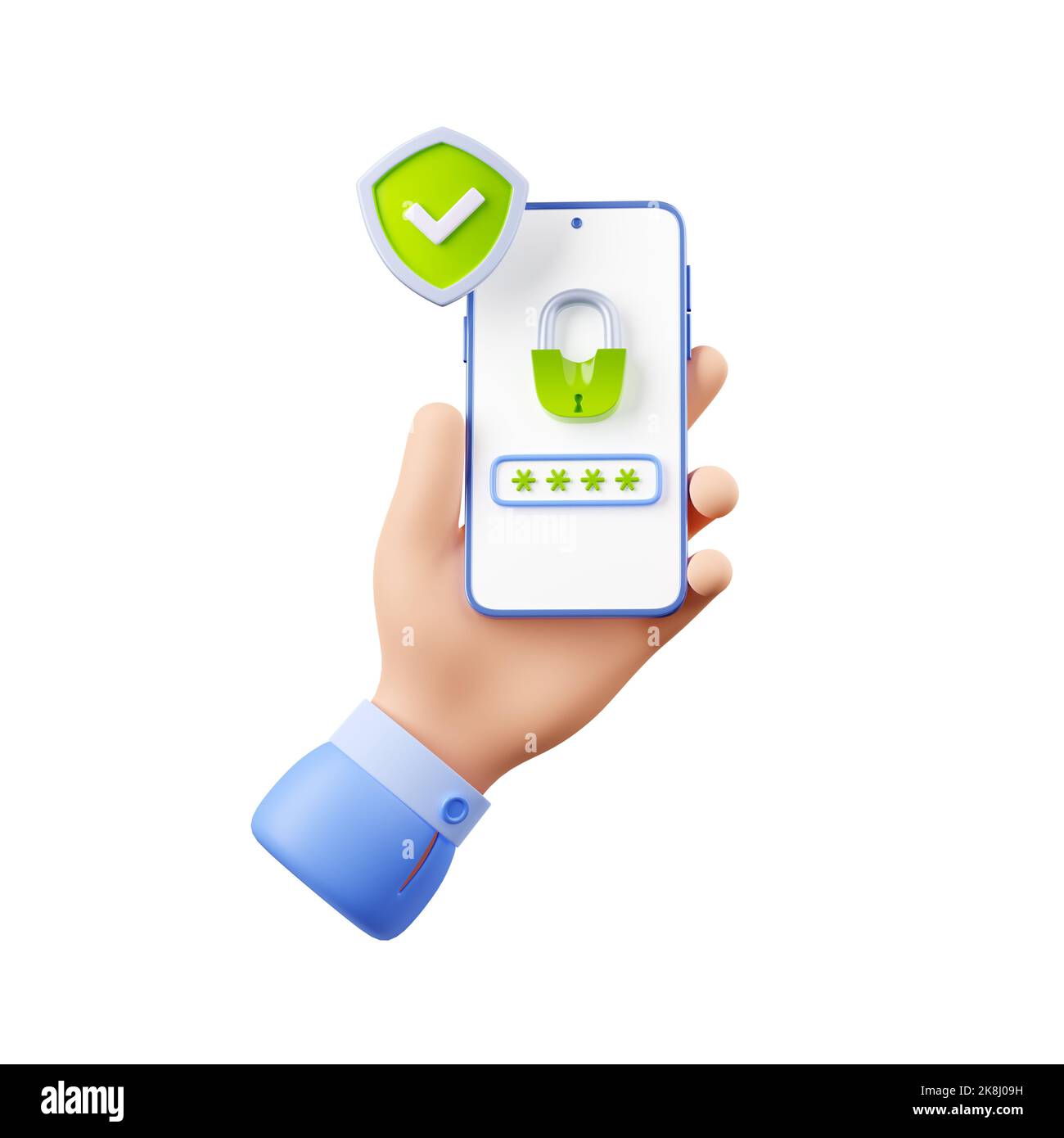 Hand hold mobile phone with security code, padlock and shield with ...