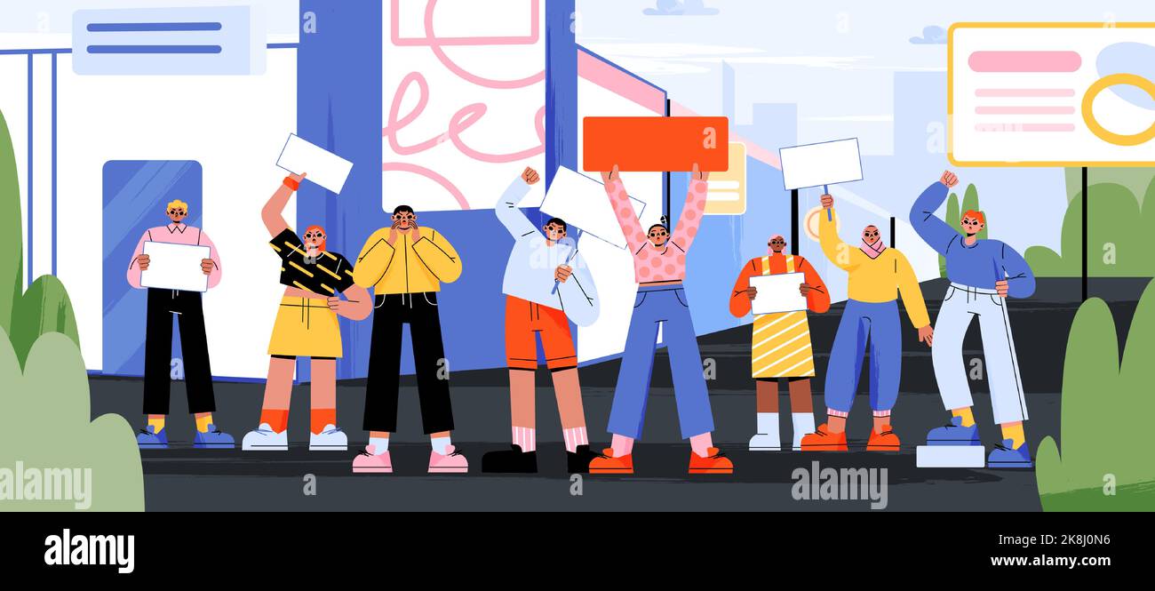 People activists protest on demonstration on city street. Group of ...