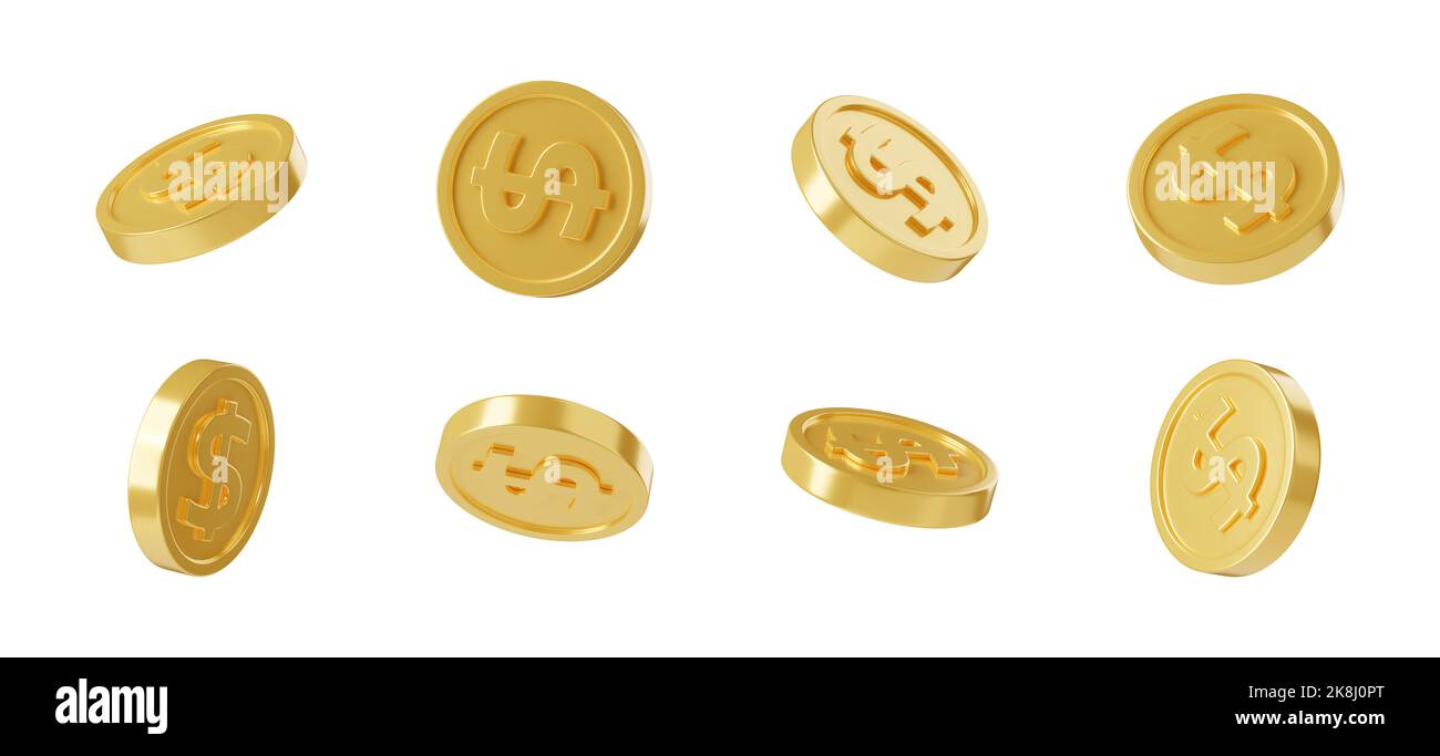 3D render dollar coin in different positions for animation isolated on ...