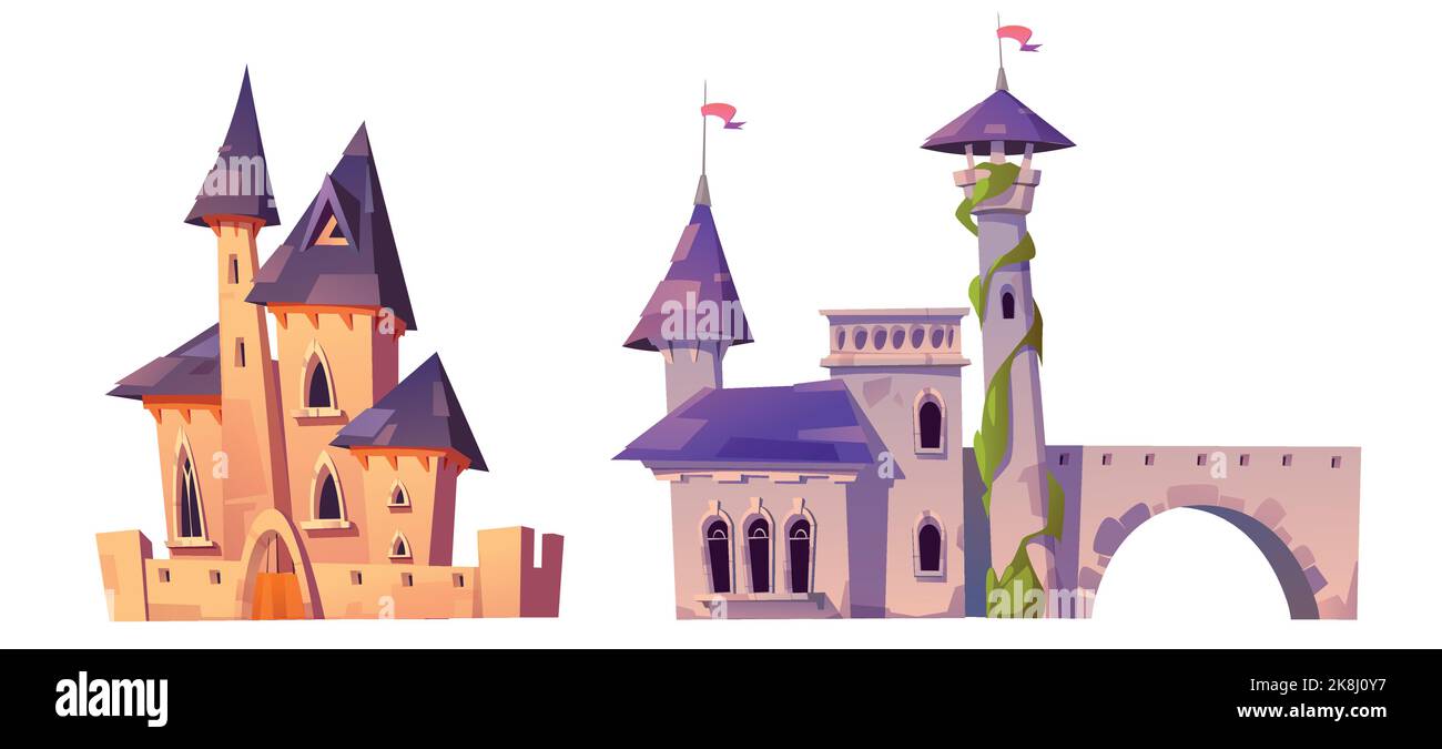 Set of cartoon fantasy castles isolated on white background. Vector illustration of fairytale ...