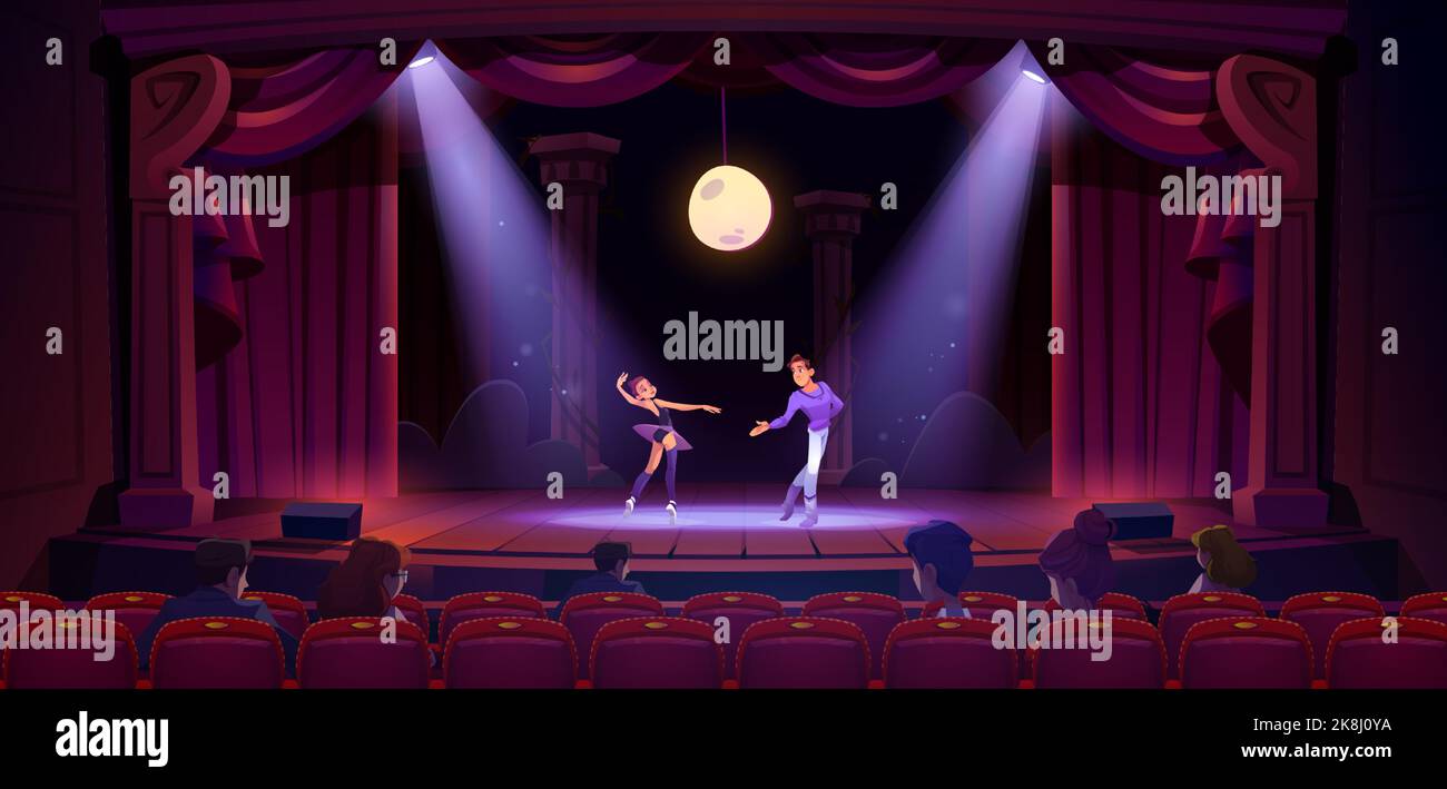 Ballet dancers perform on theater scene. Ballerina and man artist wear ...