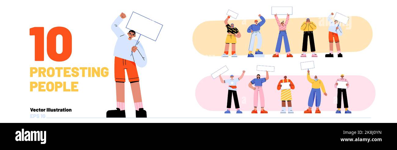 Set of angry people protesting with blank banner templates isolated on ...