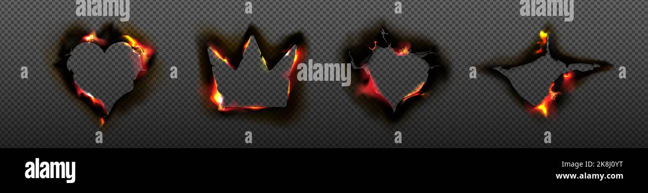 Burn paper holes and borders, burnt page in shape of heart and crown ...