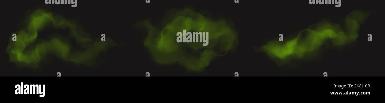 Set of green smoke clouds isolated on black background. Realistic ...