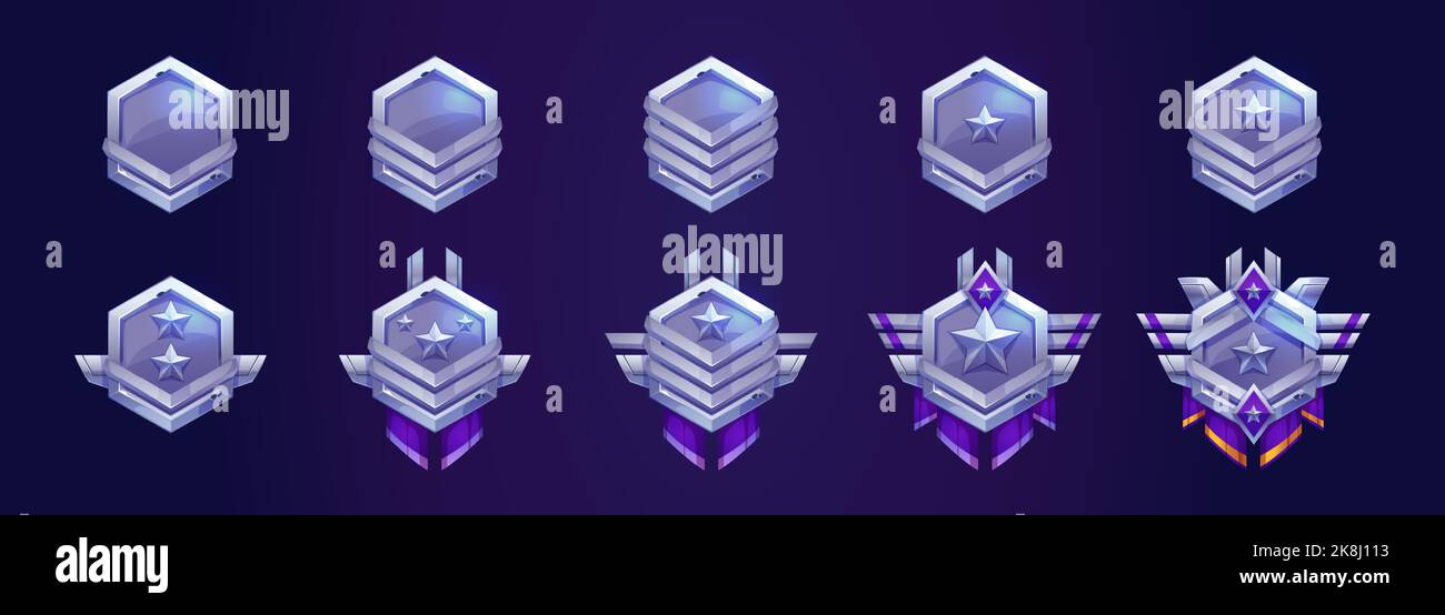 Set of game rank icons isolated on dark blue background. Collection of ...