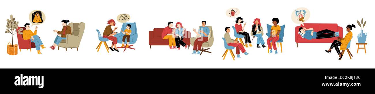 Psychologist consulting different patients, couple, kid and group of ...