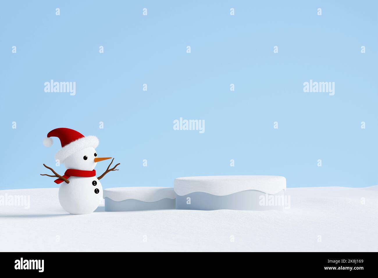 3d rendering white product display stands and snowman on snow covered ...