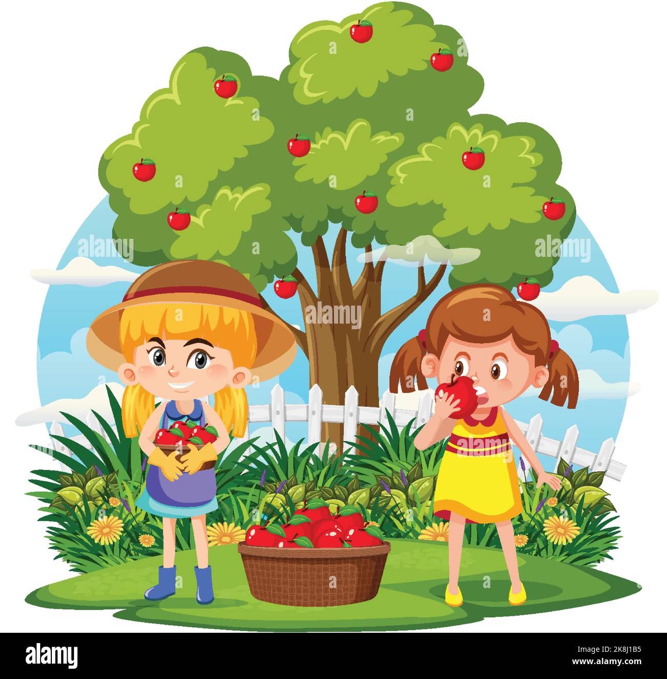 Children picking fruit outdoor scene isolated illustration Stock Vector ...