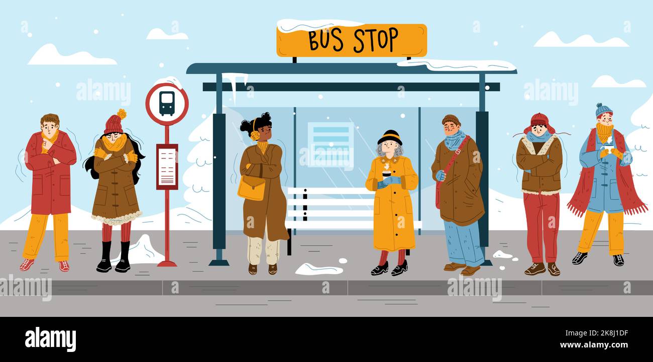 People in warm clothes standing on bus stop in winter. Winter landscape ...