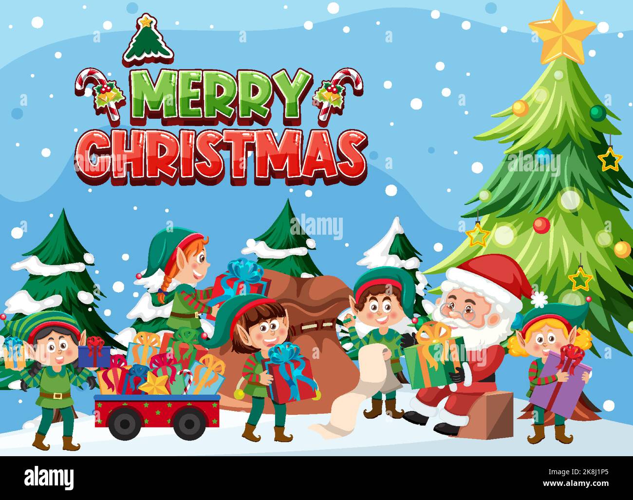 Santa Claus and elfs delivery gift for Christmas illustration Stock ...