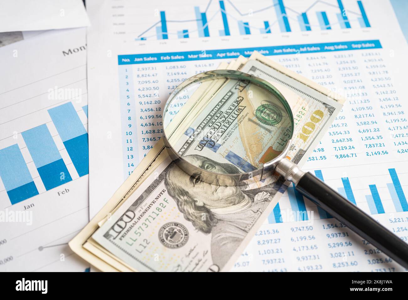 Magnifying glass on charts graphs paper. Financial development, Banking ...