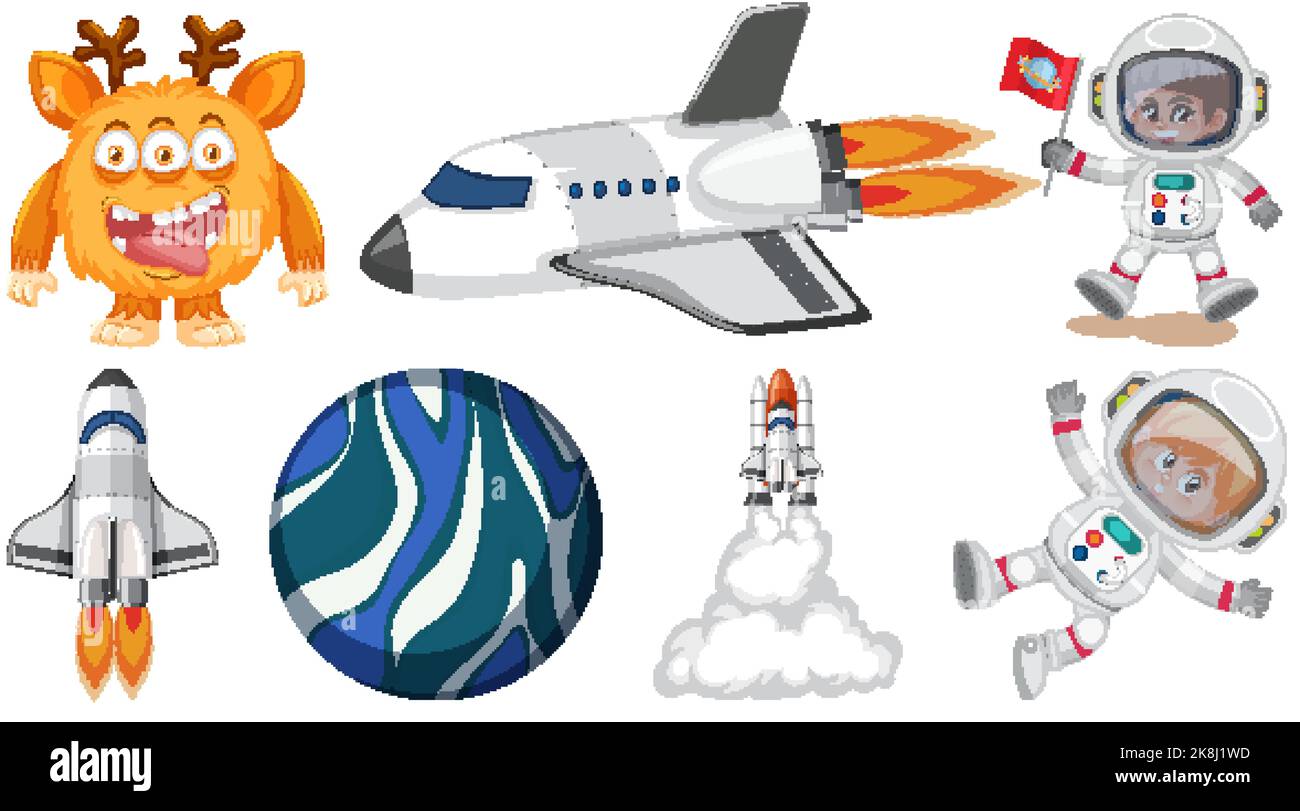 Set of space cartoon characters and objects illustration Stock Vector ...